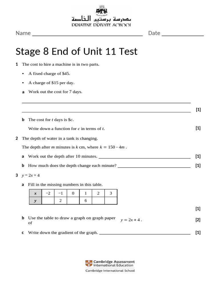 Stage 8 Unit 11 Test: Math Problems | PDF | Mathematical Relations