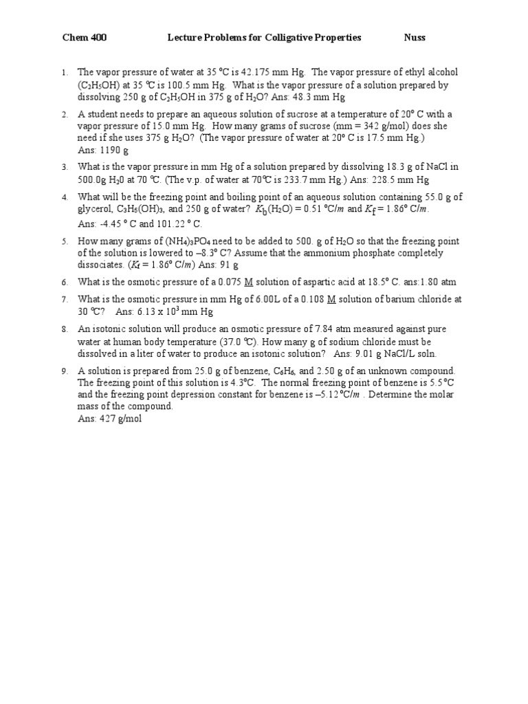 Colligative Properties Problem Set | PDF | Solution | Mole (Unit)
