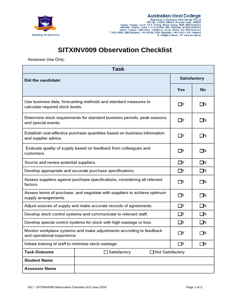 SITXINV009 Observation Checklist v3.0 June 2024 | PDF | Business