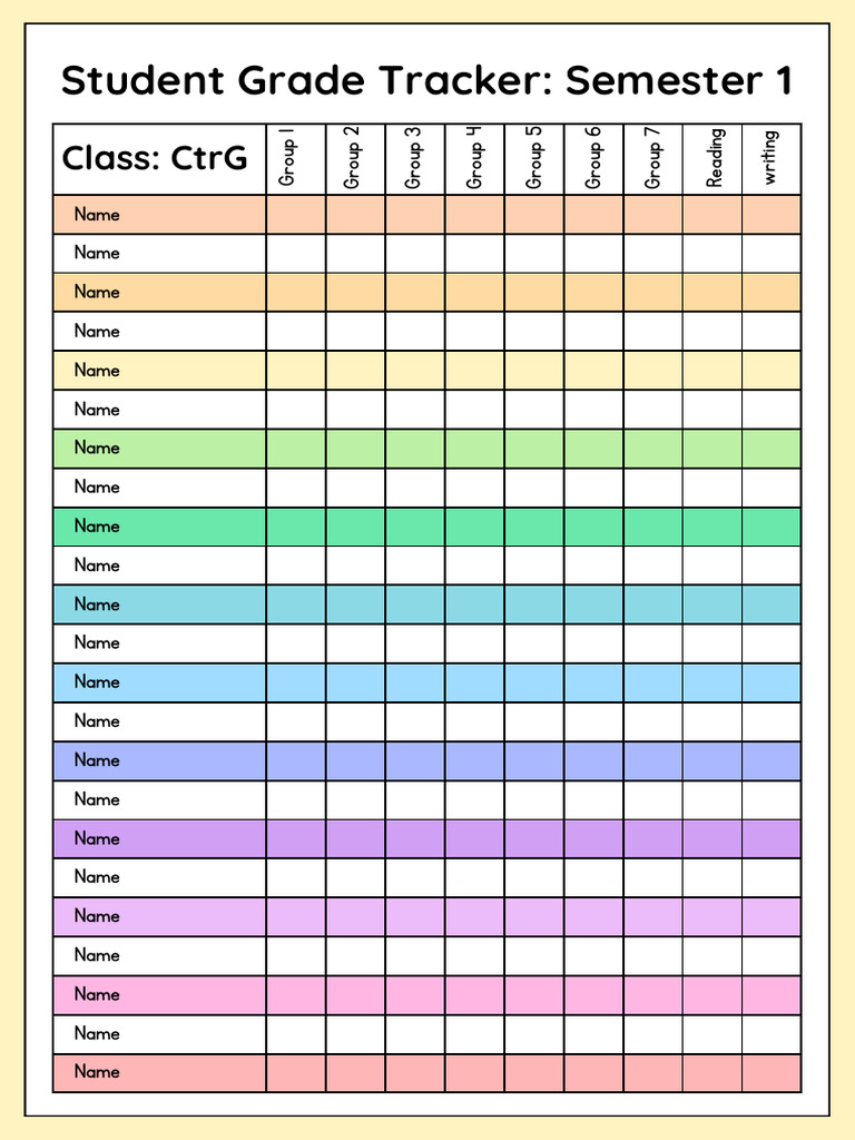 Student Grade Tracker A4 Document in Colorful Table Style | PDF
