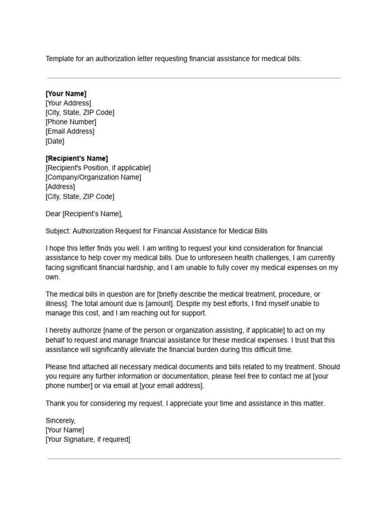 Template For An Authorization Letter Requesting Financial Assistance For Medical Bills | PDF