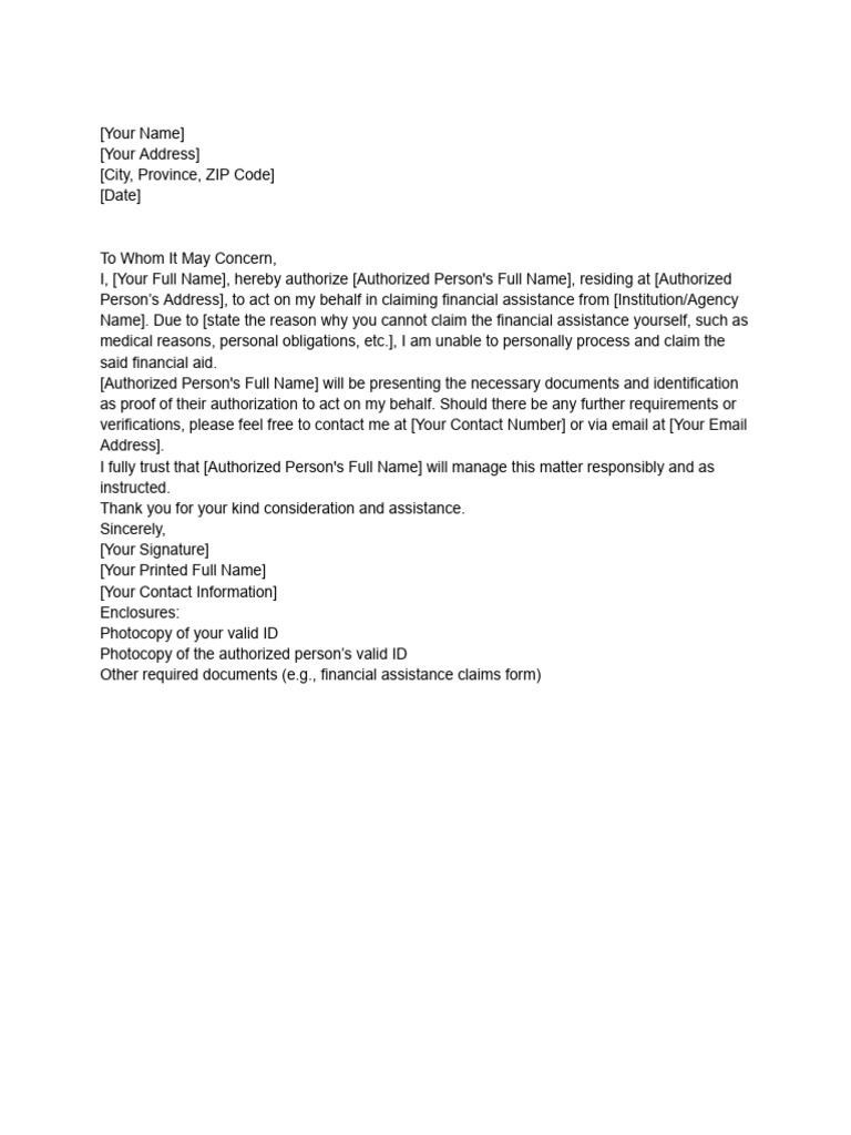 Authorization Letter Template For Financial Assistance | PDF