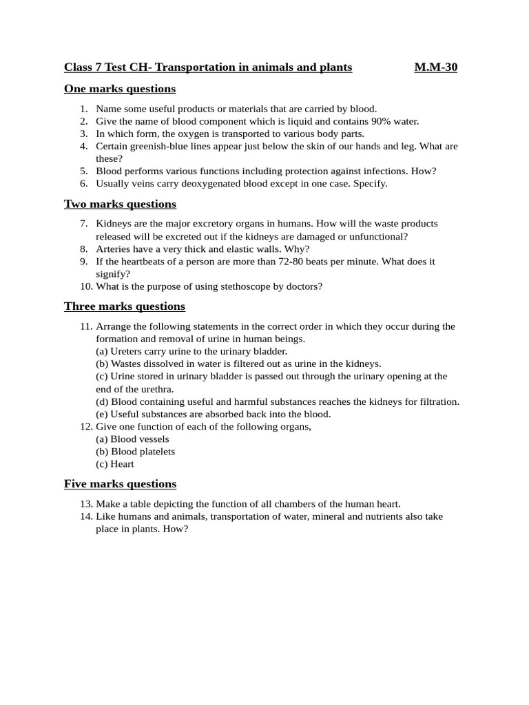 Class 7 Transportation Test Questions | PDF