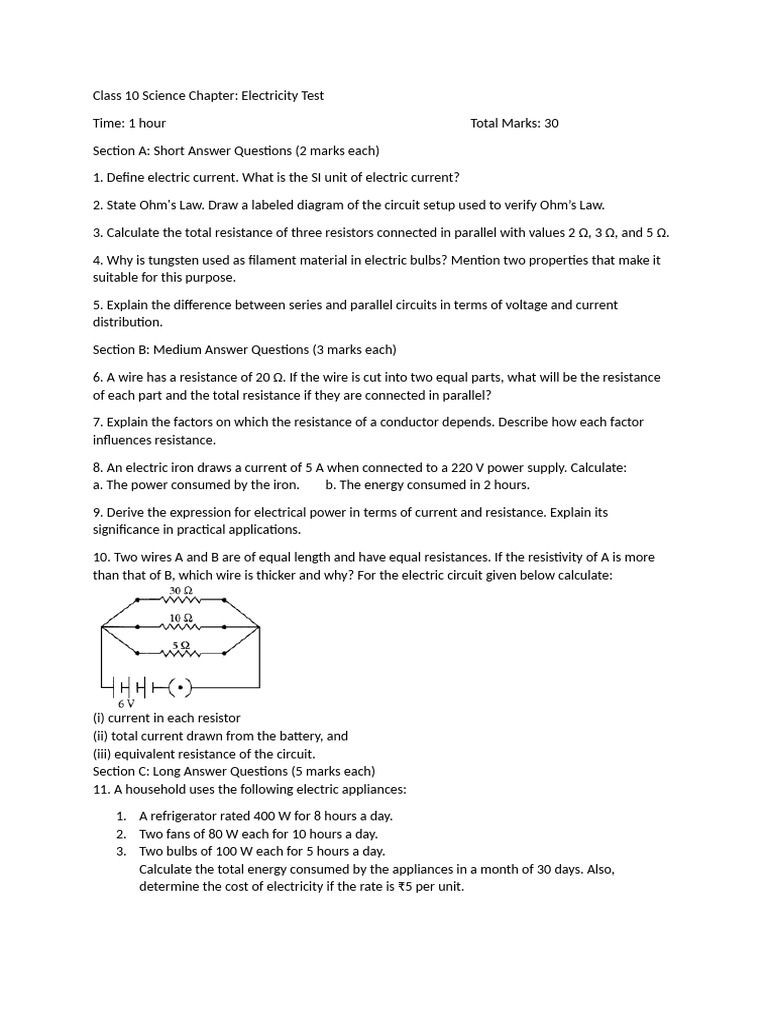 Class 10 Electricity Test Paper | PDF