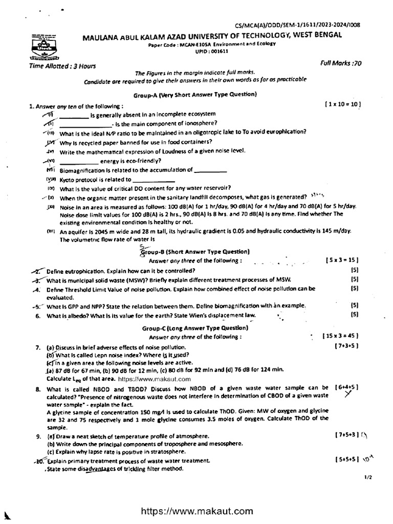 Mca 1 Sem Environment and Ecology Mcan e105a 2024 | PDF