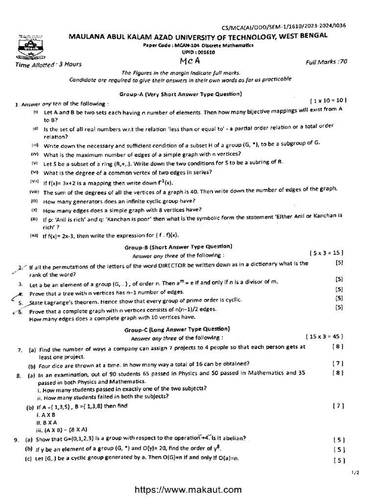 Mca 1 Sem Discrete Mathematics Mcan 104 2024 | PDF Mca 1 Sem Discrete Mathematics Mcan 104 2024 | PDF