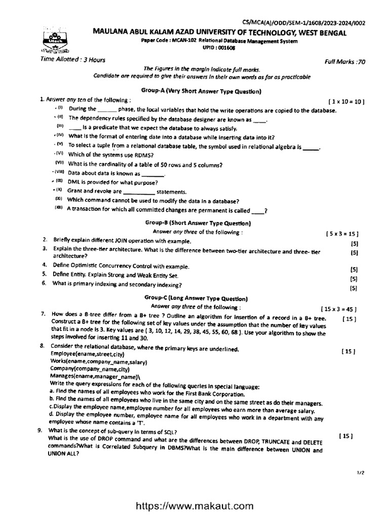 Mca 1 Sem Relational Database Management System Mcan 102 2024 | PDF Mca 1 Sem Relational Database Management System Mcan 102 2024 | PDF