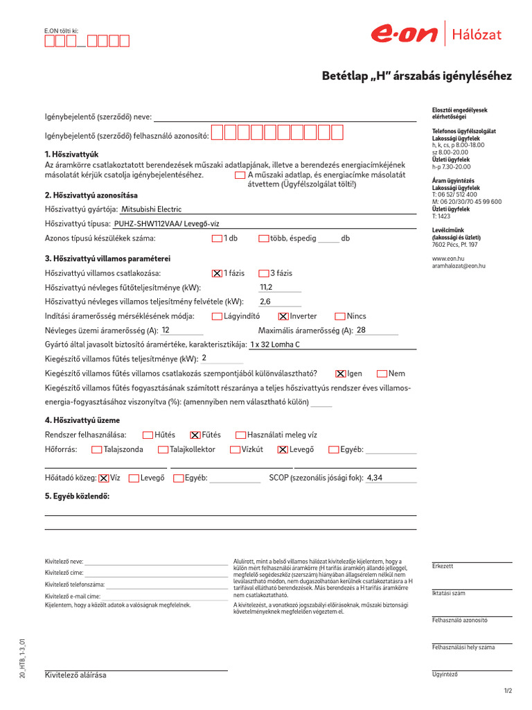 PUHZ-SHW112VAA - (2 KW Kieg. Fűtéssel) - EON H-Tarifa Bejelentő | PDF