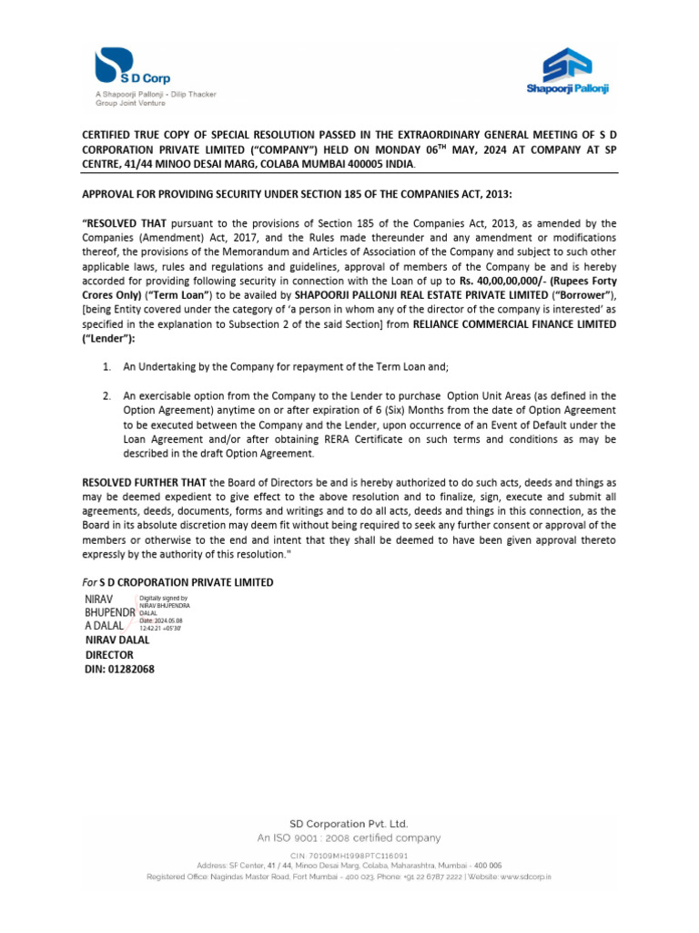 SD Corp MGT-14 - Copys of Resolutions Along With Copy of Explanatory ...