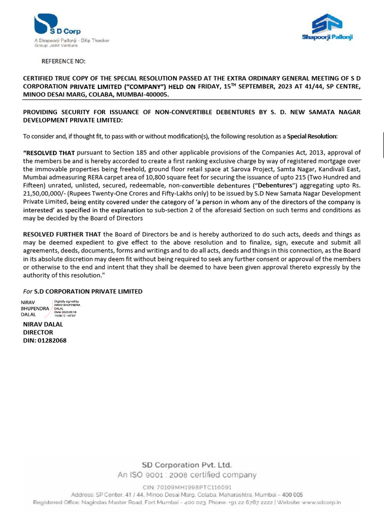SD Corp MGT-14_Copys of Resolutions Along With Copy of Explanatory ...
