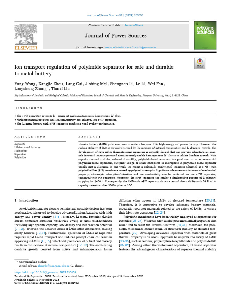 Ion Transport Regulation of Polyimide Separator For Safe and Durable ...