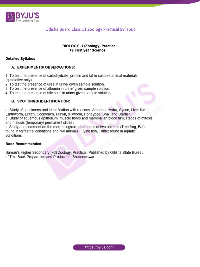 Odisha Board Class 11 Zoology Practical Syllabus | PDF