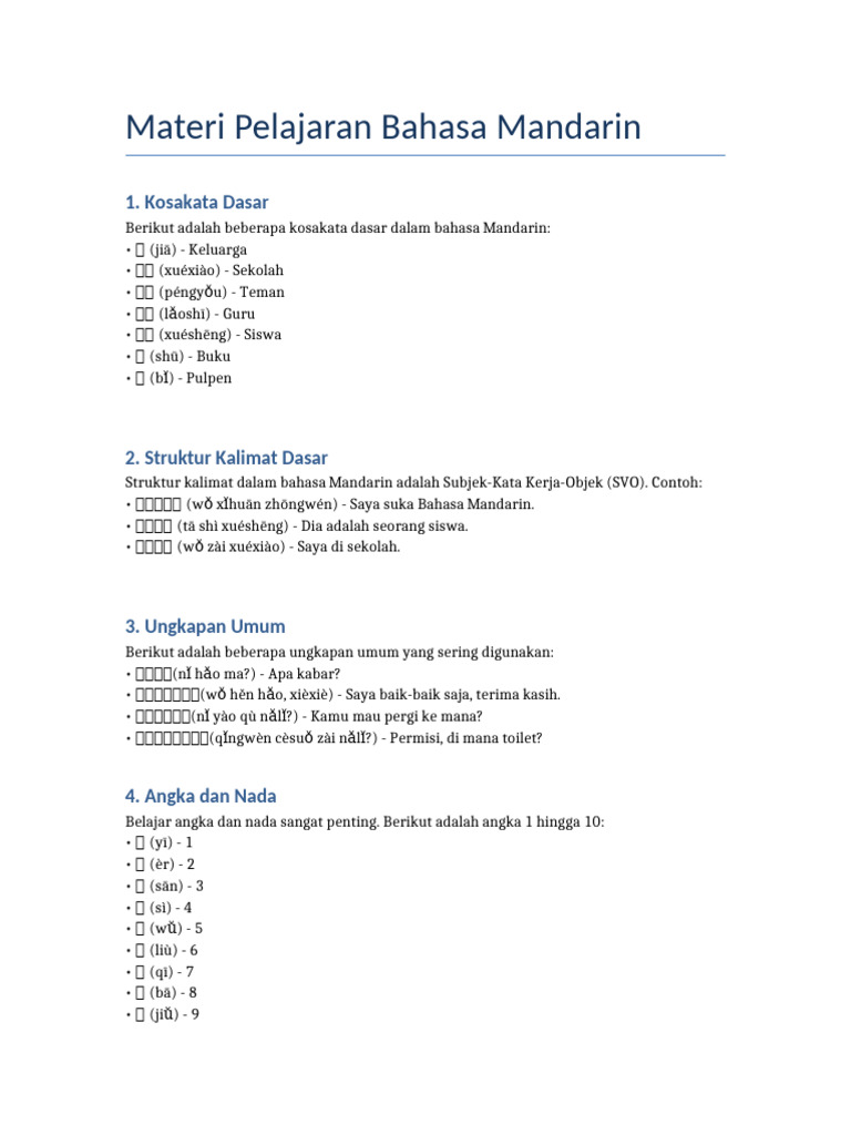 Materi Pelajaran Bahasa Mandarin Binus | PDF