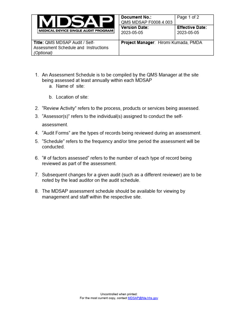 MDSAP QMS F0008.4.003 Audit Self Assessment Schedule and Instructions | PDF