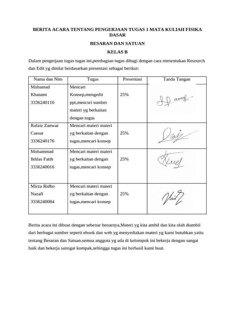 Berita Acara Tentang Pengerjaan Tugas 1 Mata Kuliah Fisika Dasar | PDF