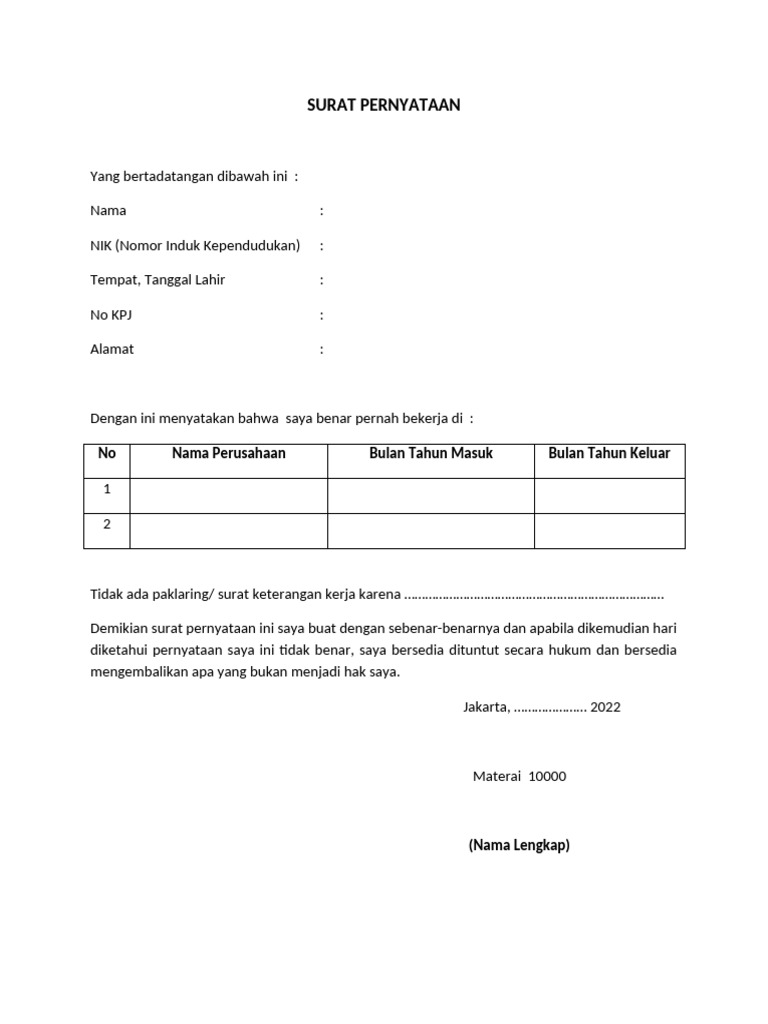 Surat Pernyataan Tidak Memiliki Paklaring | PDF