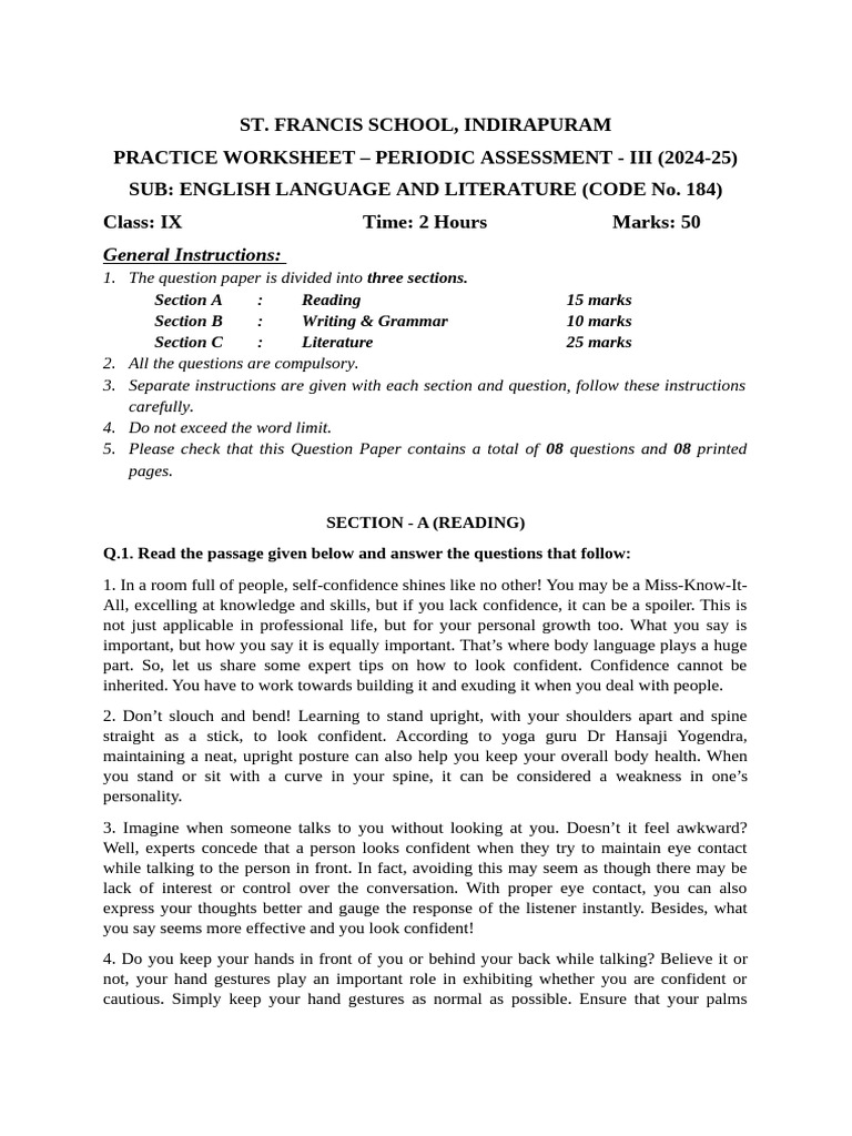 St. Francis School Class IX English Assessment | PDF | Body Language ...