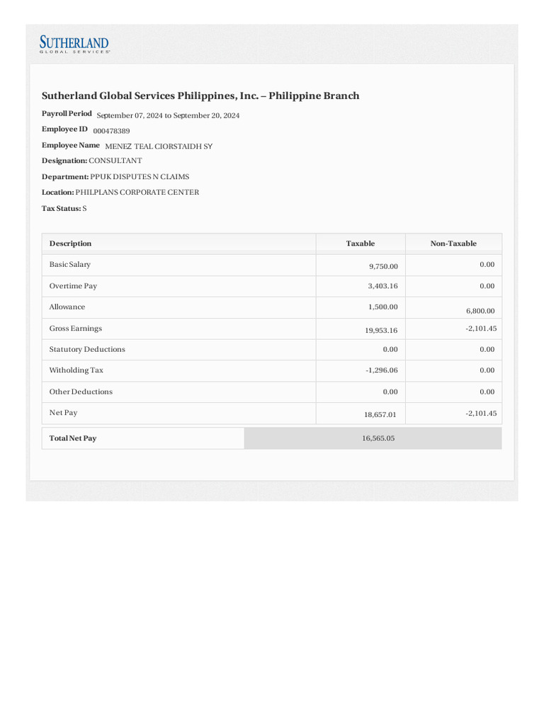 Sutherland Global Payroll Summary 2024 | PDF