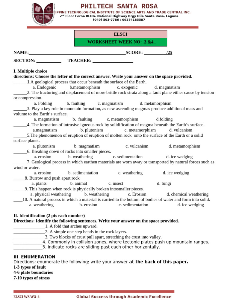 ELSCI WORKSHEET WEEK3-4 | PDF | Rock (Geology) | Geology