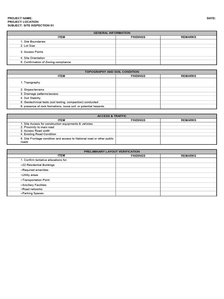 Site Inspection Checklist | PDF | Road | Earth Sciences