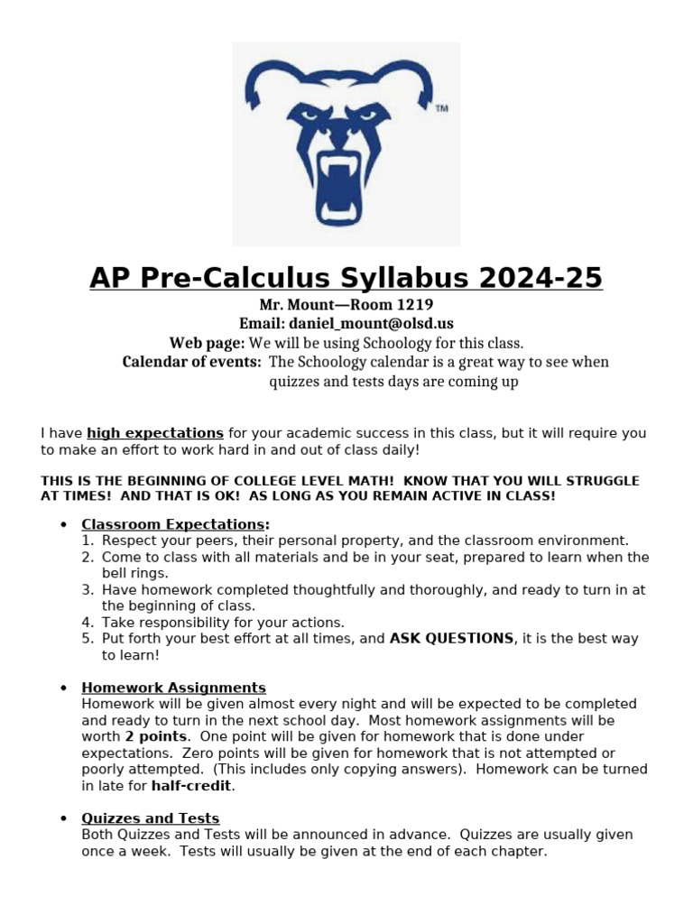 AP Pre-Calc Syllabus 24-25 171541 | PDF | Homework