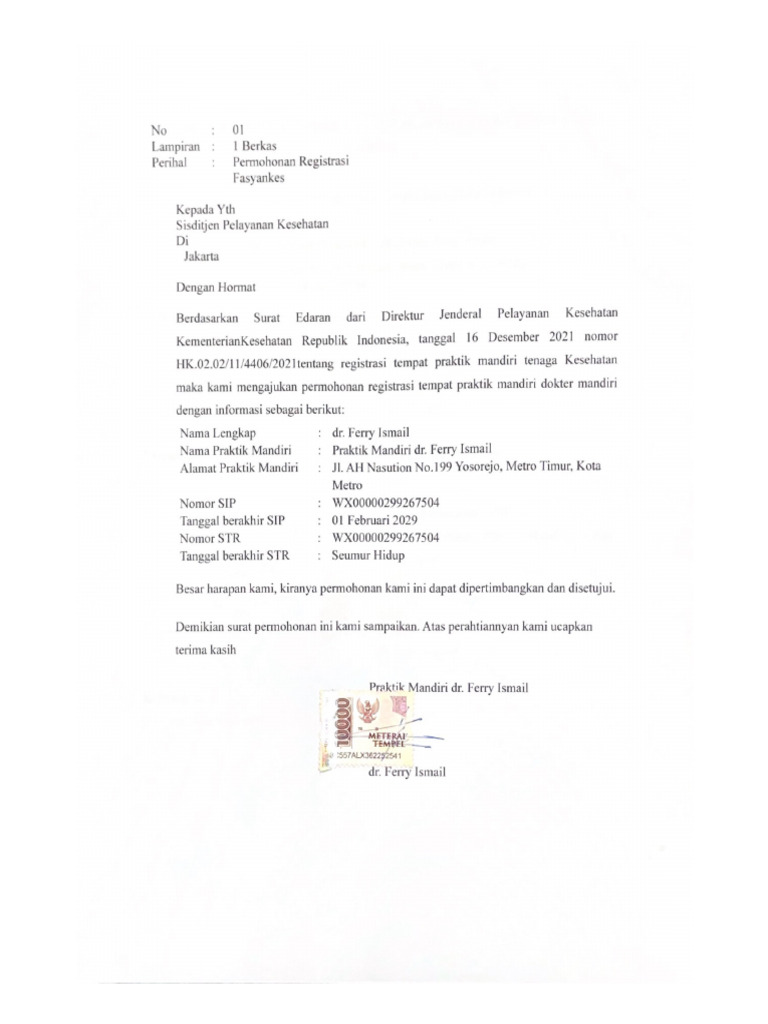Permohonan Reg Fasyankes dr. Fery | PDF