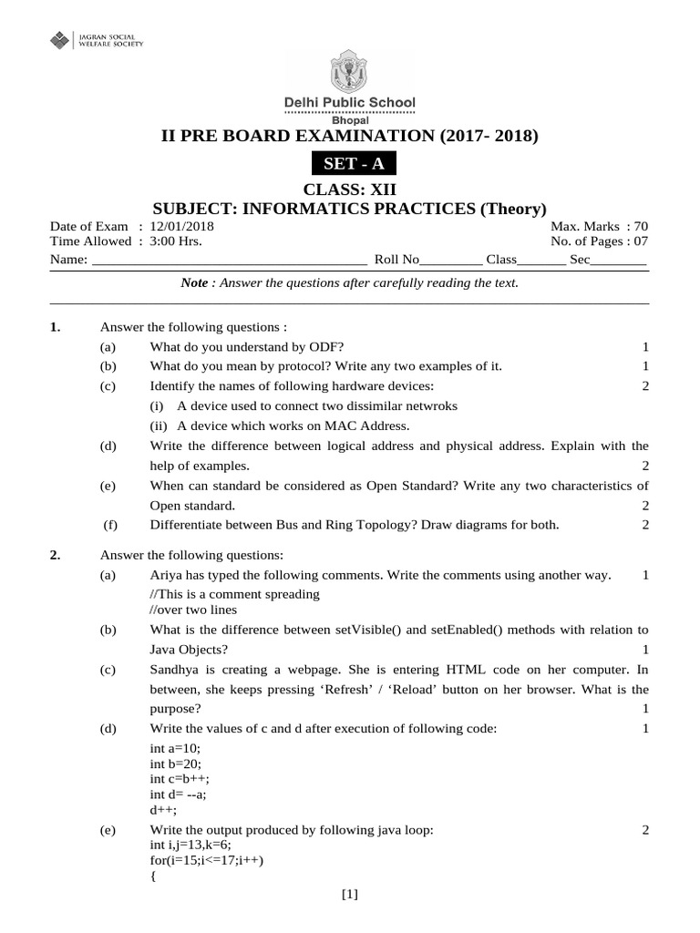 Ip-Xii-Pre Board Examination Ii 2017-18 (Set-A) | PDF | Computer Science | Computing