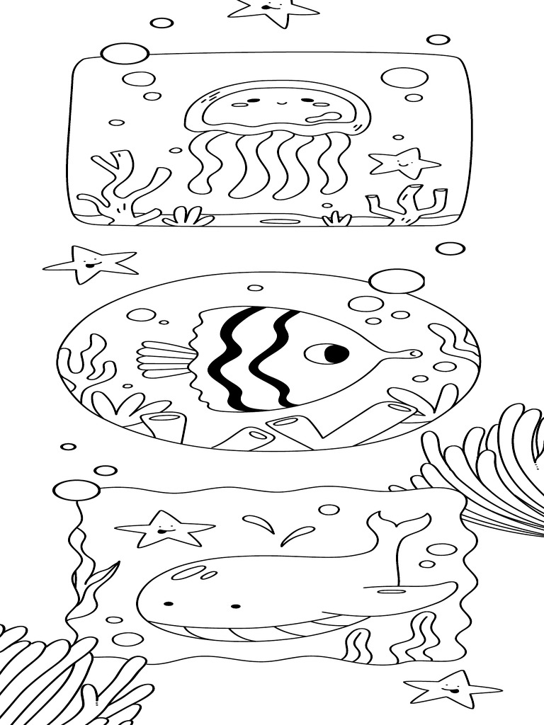 Ocean Kids Coloring Bookmark in Black and White Cute Cartoon Style | PDF