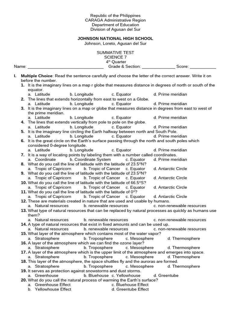 4th summative science 7 | PDF | Atmosphere Of Earth | Stratosphere