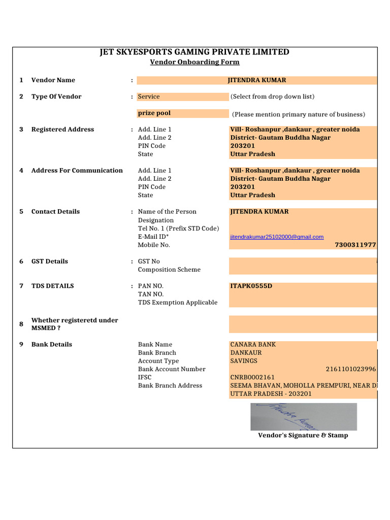 Master Vendor Creation Form MSD JITU | PDF