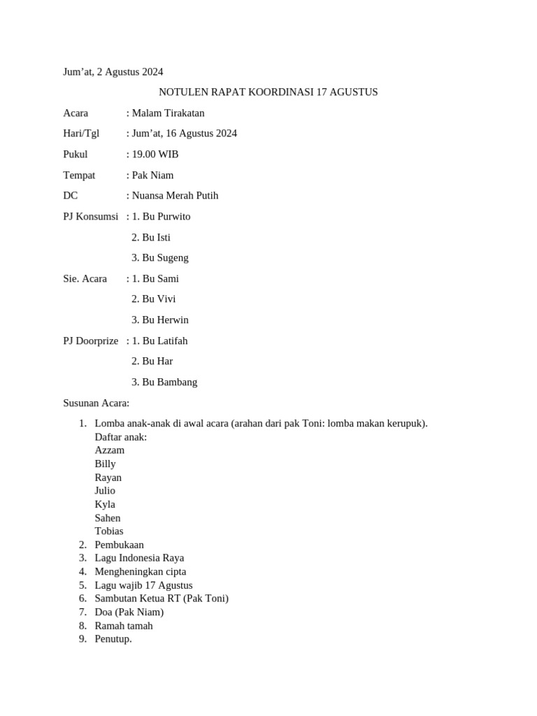 Notulen Rapat Agustusan | PDF