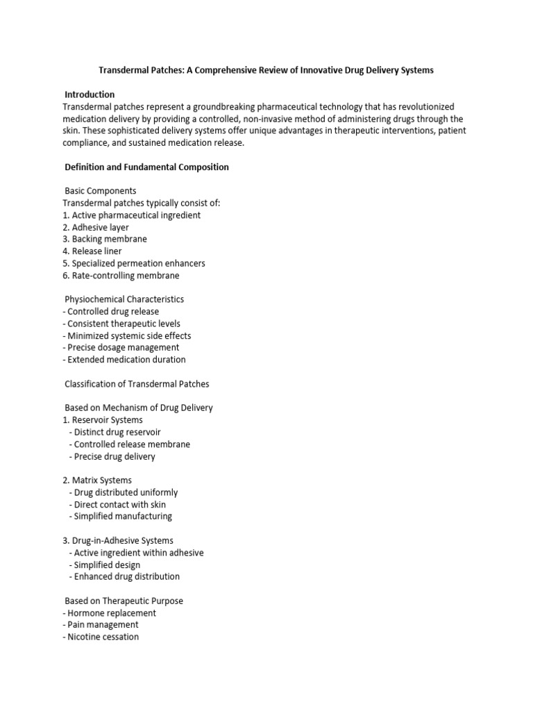 Transdermal Patches - Comprehensive Review | PDF | Medical Treatments ...