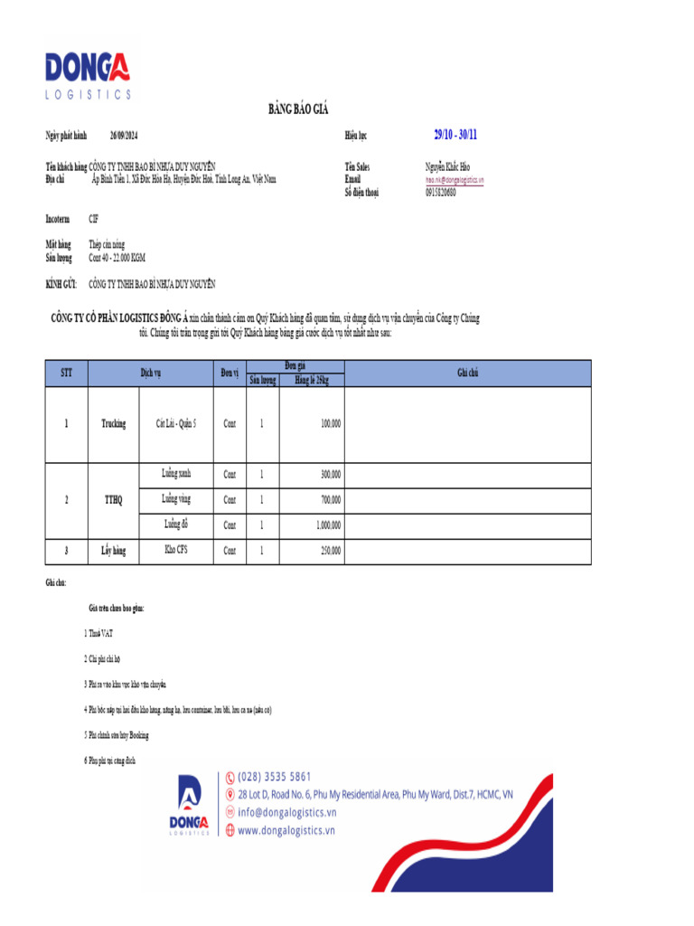 DONG A QUOTATION - (TTHQ&TRUCKING) - BAO BI NHUA DUY NGUYEN | PDF