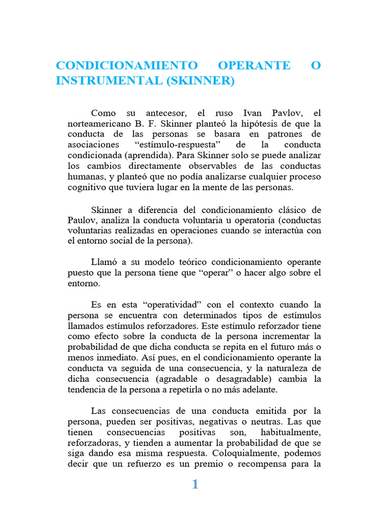 Condicionamiento Operante O Instrumental (Skinner) | PDF | Reforzamiento | Teorías psicologicas