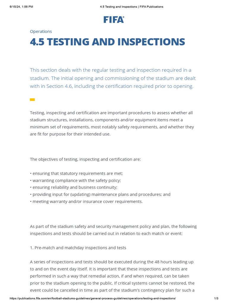 4.5 Testing and Inspections - FIFA Publications | PDF | Safety | Elevator