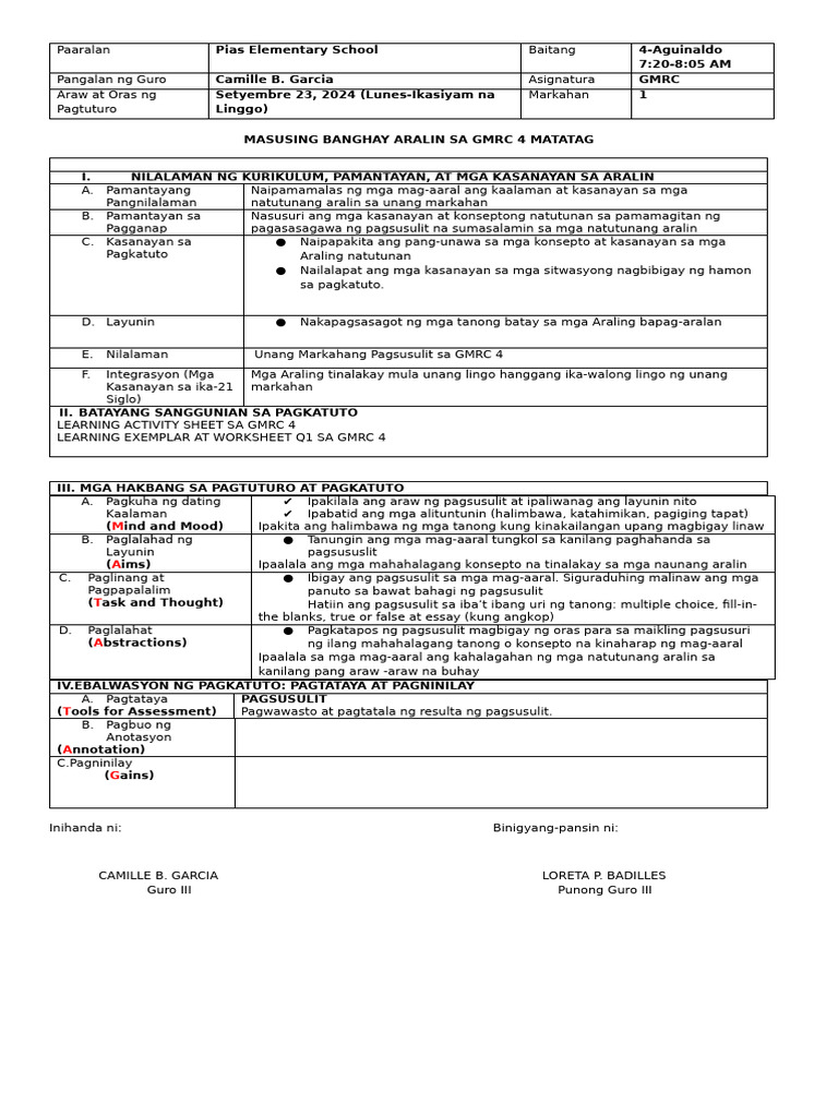 Monday Week 9 DLP Matatag GMRC Grade 4 Quarter 1 | PDF