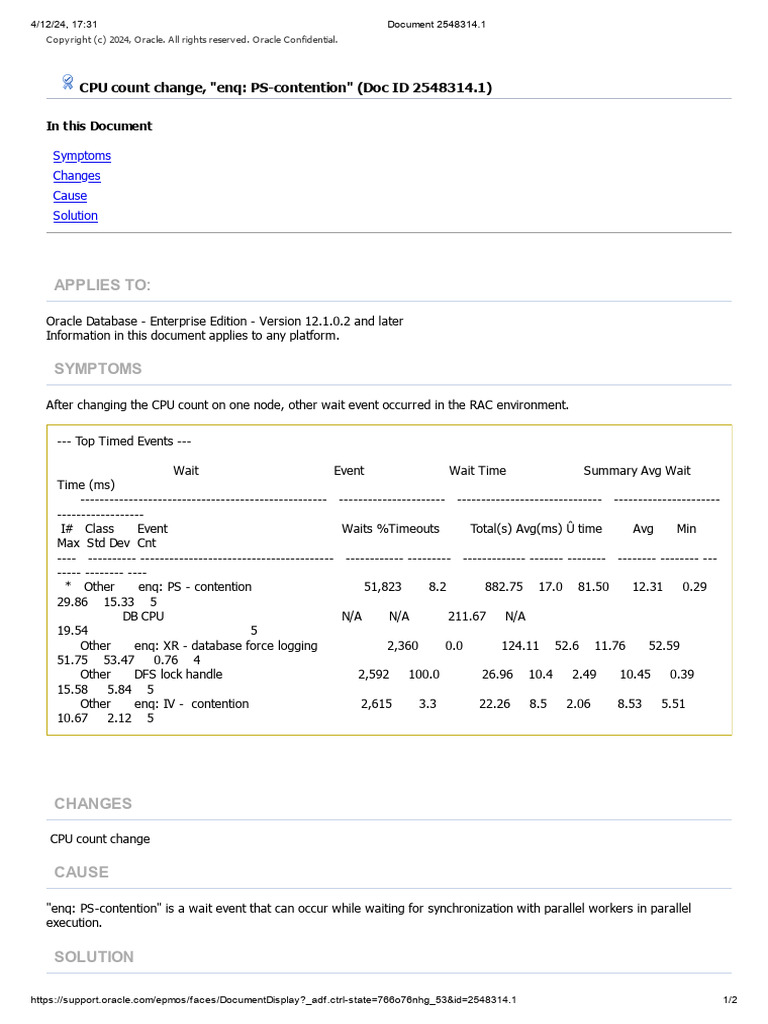 CPU Count Change, Enq PS-contention (Doc ID 2548314.1) | PDF ...