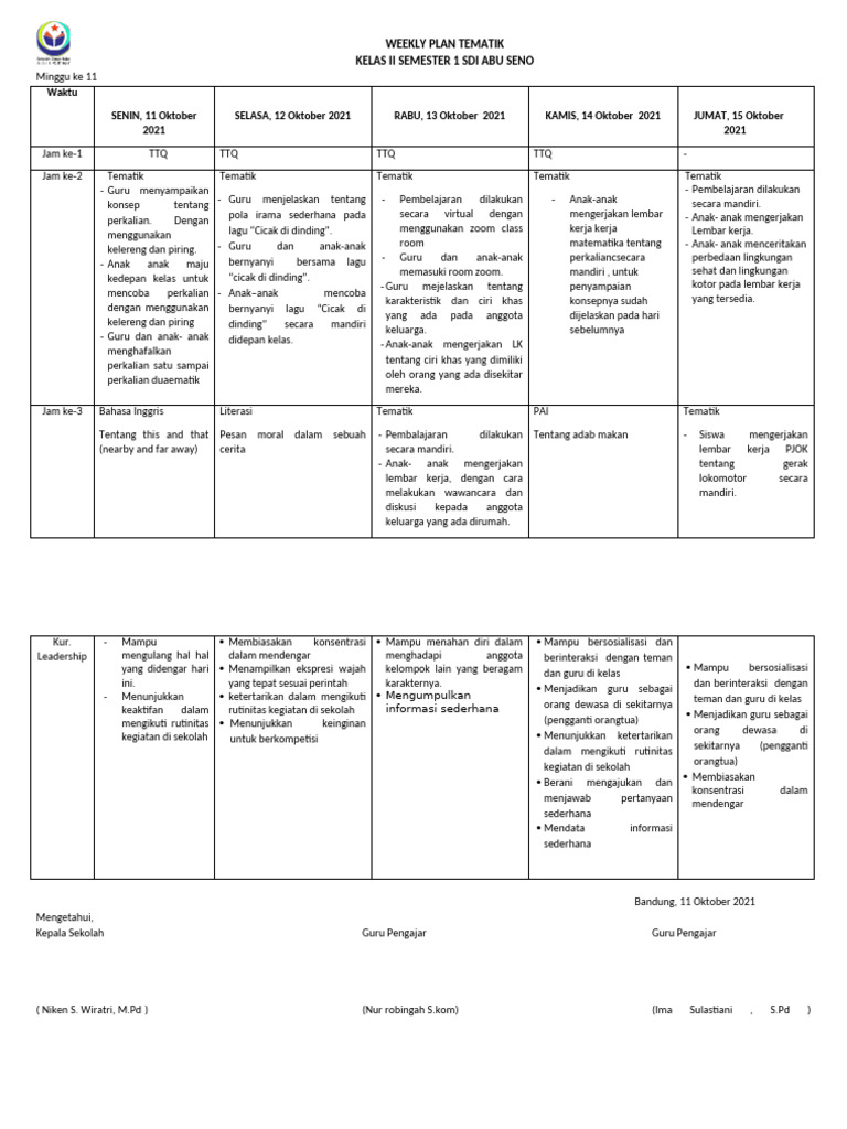 WEEKLY PLAN TEMATIK Week 11 | PDF