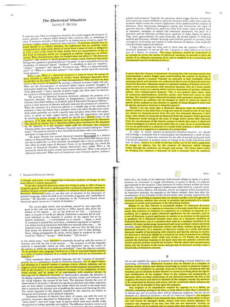 The Rhetorical Situation - Lloyd F. Bitzer | PDF | Rhetoric | Semiotics