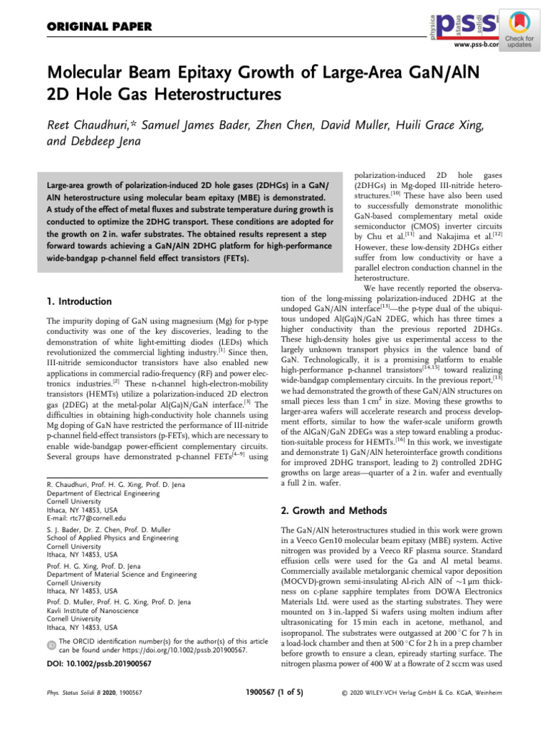 Molecular Beam Epitaxy Growth of Large-Area GaN AlN 2D Hole Gas ...