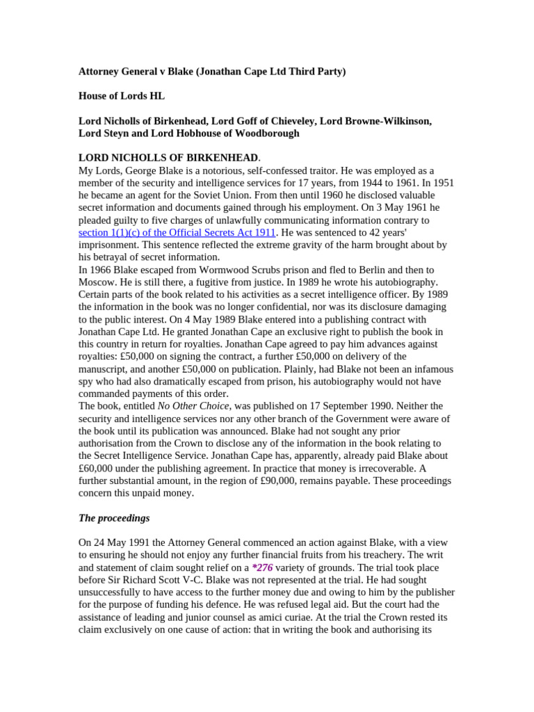 Attorney General v Blake: Public Interest Case | PDF | Legal Remedy ...