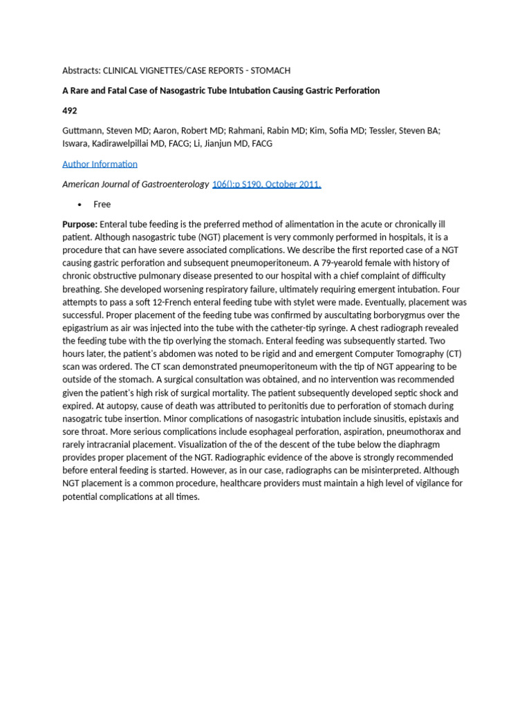 A Rare and Fatal Case of Nasogastric Tube Intubation Causing Gastric ...