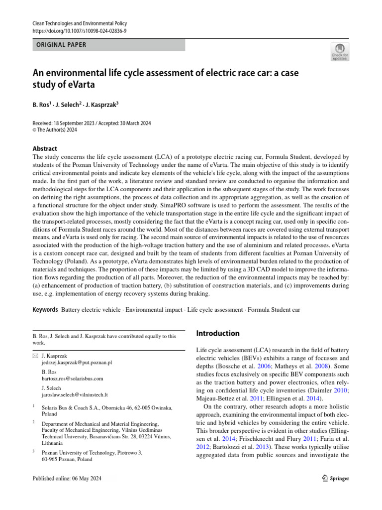 Paper 6 (LCA of Racing Car) | PDF | Life Cycle Assessment | Electric ...