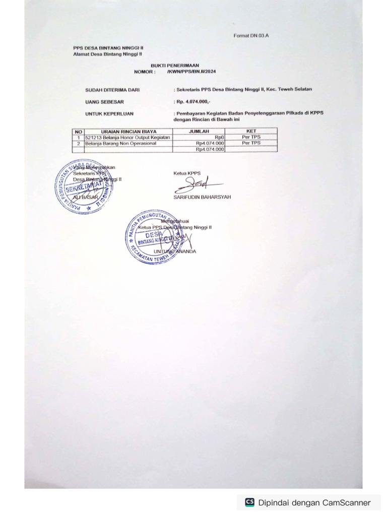 Kuwitansi Pembayaran Operasionala Kpps 01 Dan 02 | PDF
