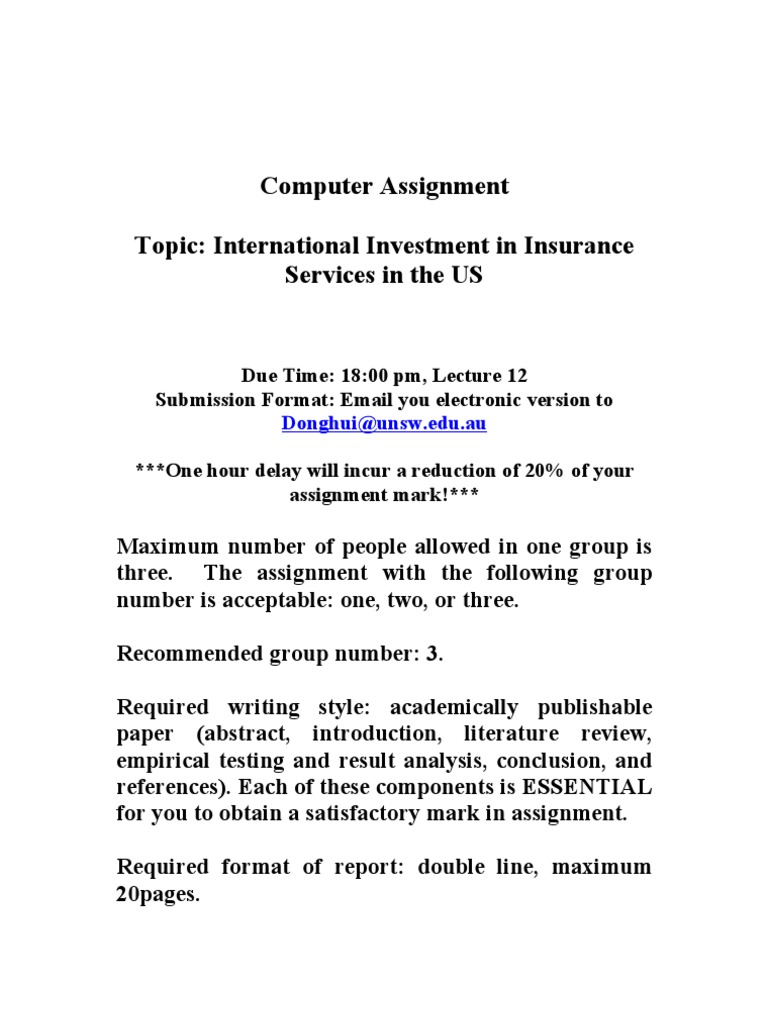 Computer Assignment Topic: International Investment in Insurance ...