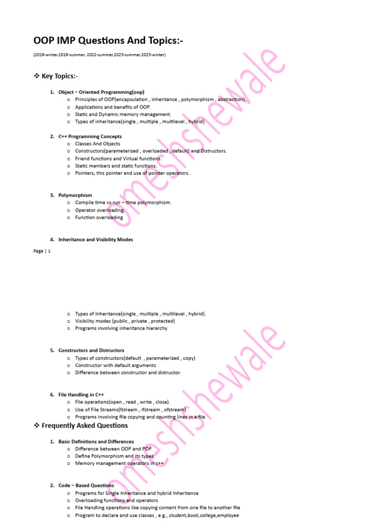 OOP IMP Questions and Topics | PDF | C++ | Object Oriented Programming