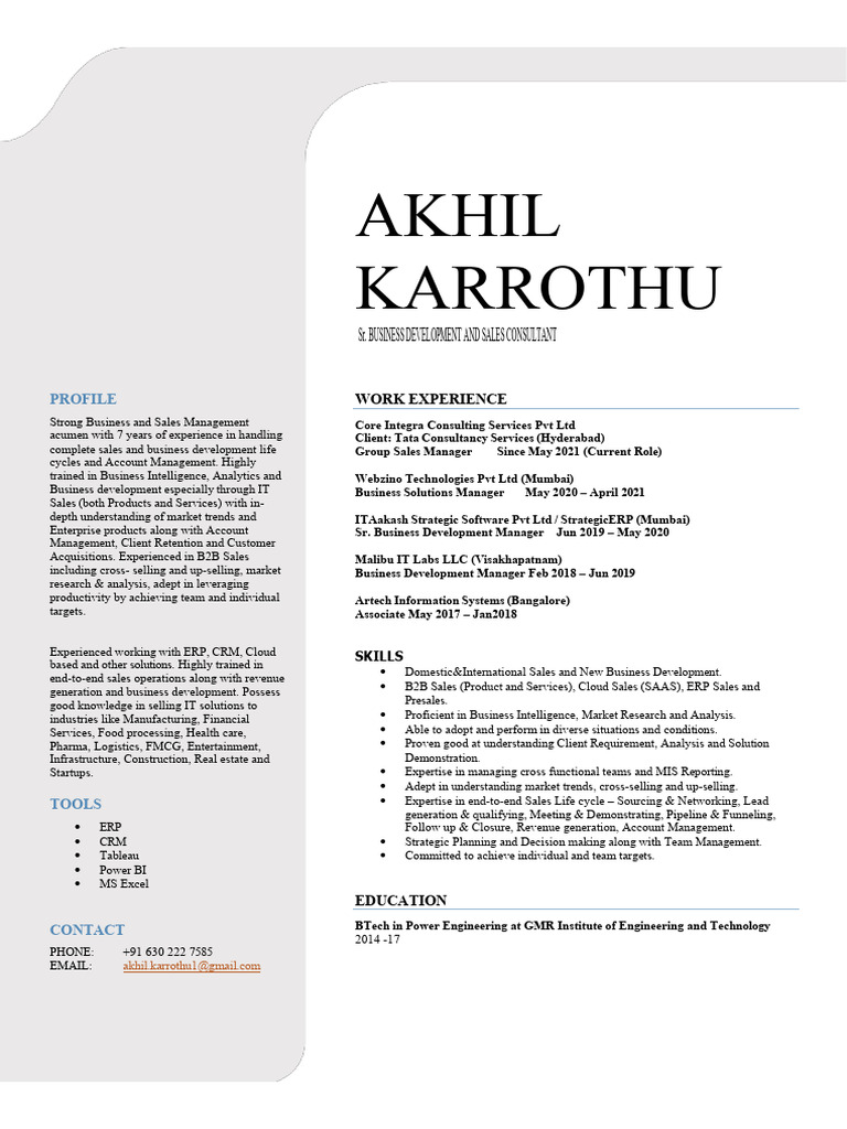 Akhil Karrothu 2024 Updated Resume PDF | PDF | Customer Relationship Management | Sales