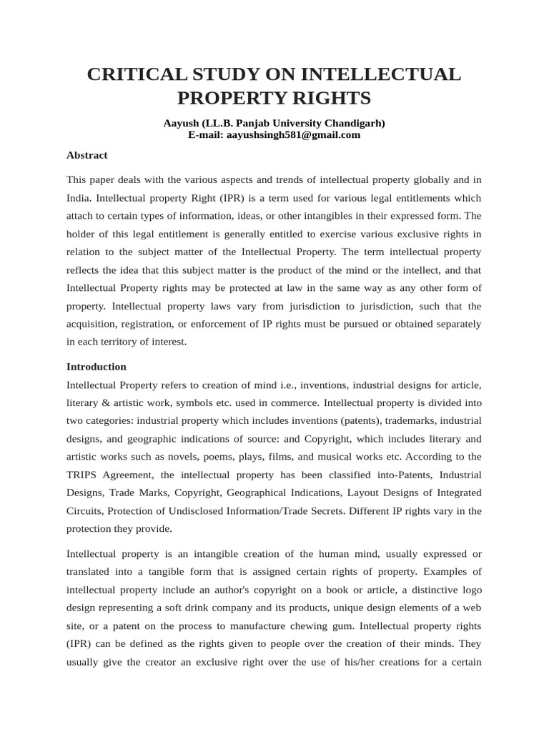 Critical Study On Intellectual Property Rights | PDF | Intellectual ...