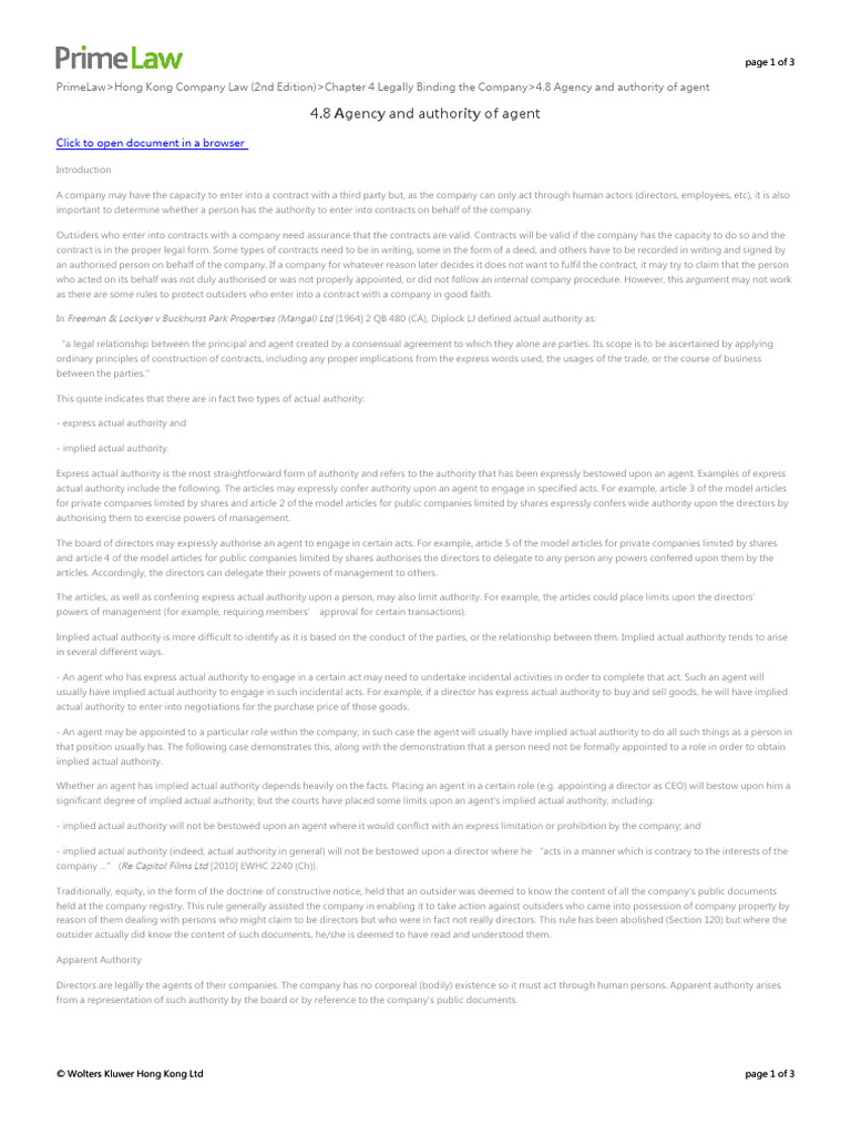 Agency Authority in Company Contracts | PDF | Law Of Agency | Common Law