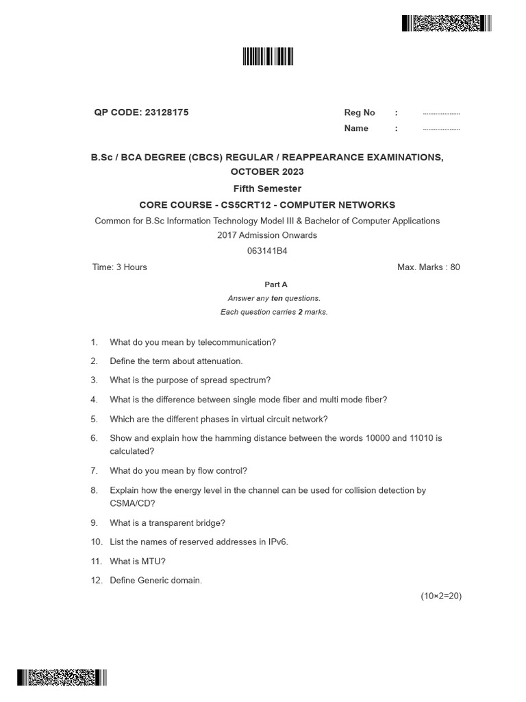 Computer Networks Exam Questions - Oct 2023 | PDF | Computer Network ...